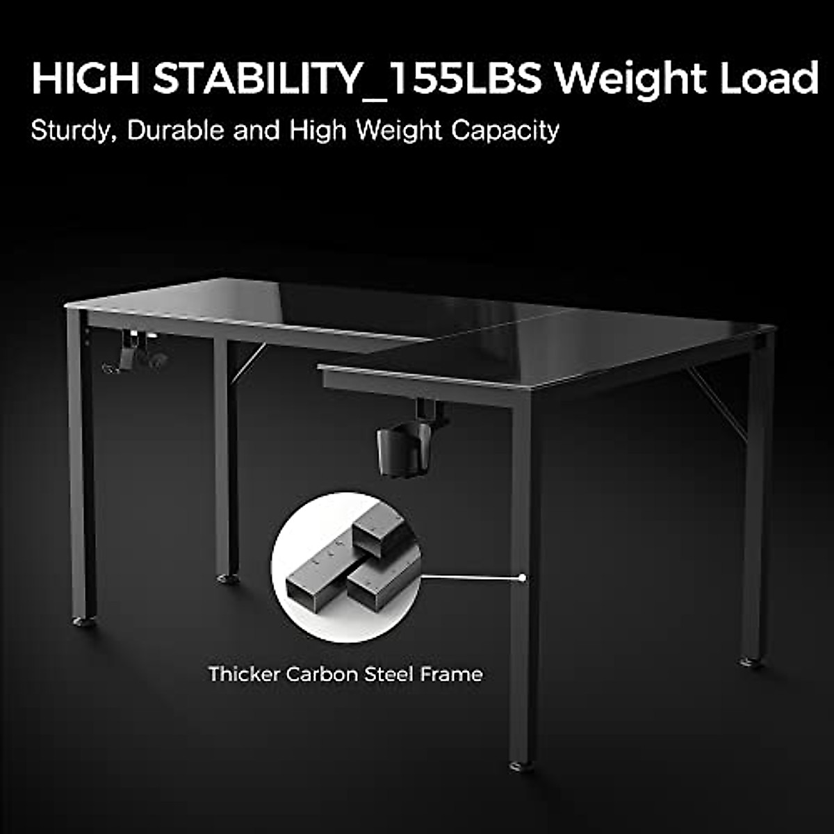 EUREKA ERGONOMIC Music Sensing RGB LED Lights Glass Gaming Desk, 60 Inch L Shaped Reversible Top, Home Office Corner Computer Studio Table Gifts GTG L60 w Cup Headset Socket Holder, Smart APP Control