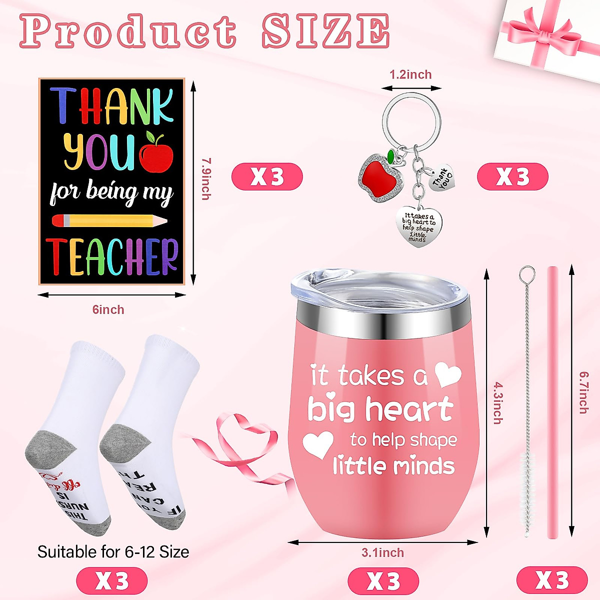Didaey Teacher Appreciation Gifts for Women 12 oz Pink Wine Tumbler with Lid Straw Teacher Keychains Teacher off Duty Socks Teacher Appreciation Cards(Stylish Style)