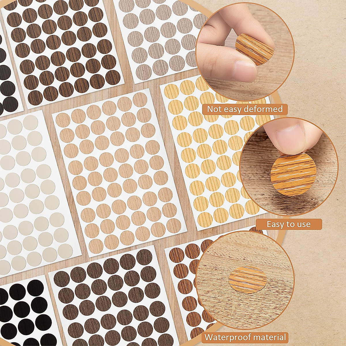 864 Pieces Screw Covers Wood Stickers for Furniture, 0.83 Inch Screw Hole Stickers Waterproof PVC Cover Caps Adhesive Wood Grain Stickers for Screw Holes Wall Cabinets Bookcase Desk (Basic Color)