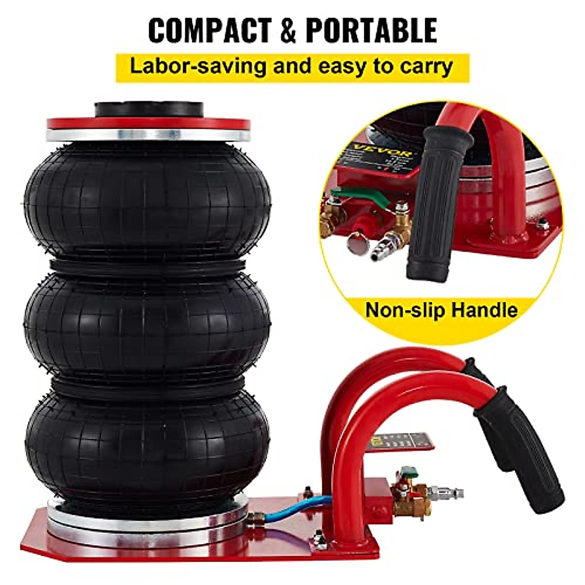 VEVOR Air Jack, 3 Ton/6600 lbs Triple Bag Air Jack, Air Bag Jack Lift Up to 15.75 Inch, 3-5S Fast Lifting Air Bag Jack for Cars with Short Handle (Red)