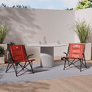 TIMBER RIDGE Bungee Folding Camping Chairs for Adults, Heavy Duty Collapsible Padded Chair with Armrests Cup Holder, Foldable Outdoor Lounge Chairs for Beach, Fishing, Lawn, Supports 300 lbs, Red