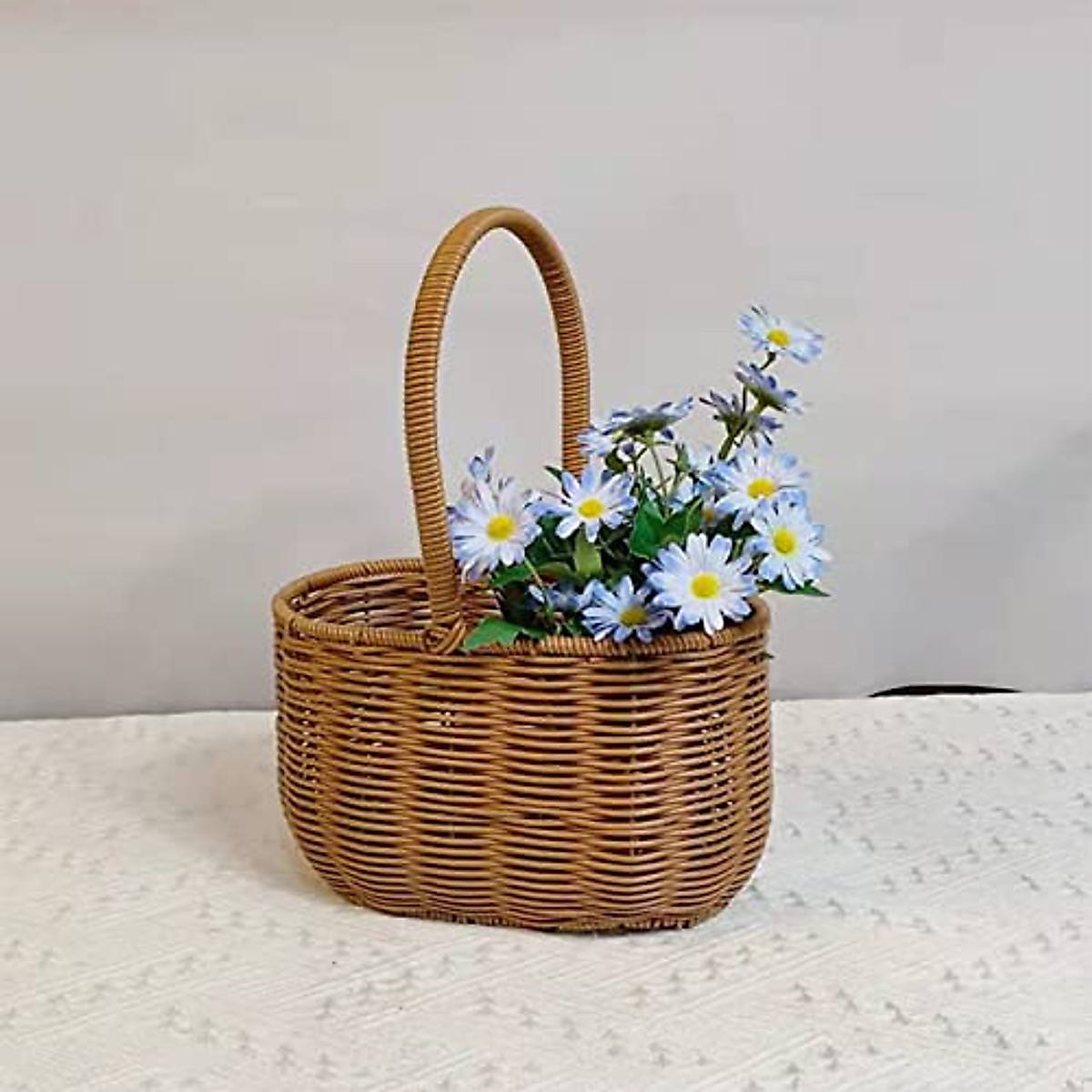 Takefuns Rattan Flower Basket, Hand-Woven Wicker Storage Basket with Handle, Handbasket Storage Box Picnic Petal Basket for Home Wedding Garden Decoration (Style 3)