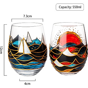 The Wine Savant Artisanal Hand Painted Sunrise Glasses, Stemless Set of 2 Wine, Water & Whiskey Glasses Crystal Tumblers - Gift Idea for Her, Him, Birthday, Housewarming - Large Goblets (18.5 OZ)
