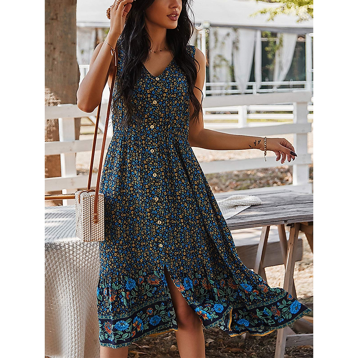 TEMOFON Women Dress Summer Sleeveless Bohemian Floral V Neck Button Down Flowy Boho Dresses 2025 Navy Blue XL