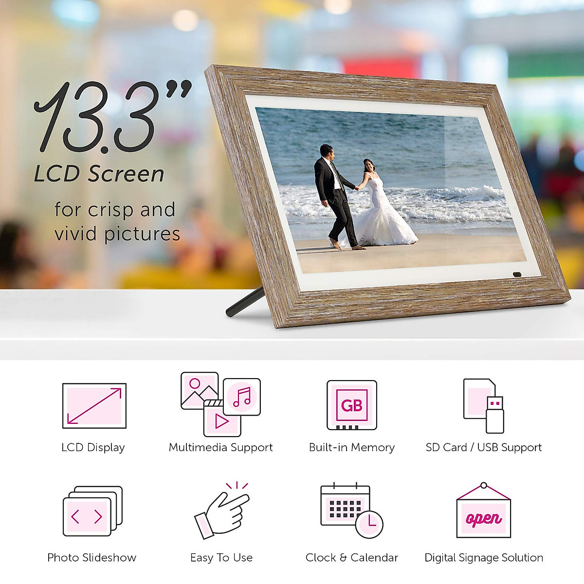 Aluratek 13" Distressed Wood Digital Photo Frame with 8GB Built-in Memory, 2 Interchangeable Frames, USB/SD/SDHC Supported, Built-in Clock & Calendar, Non-WiFi
