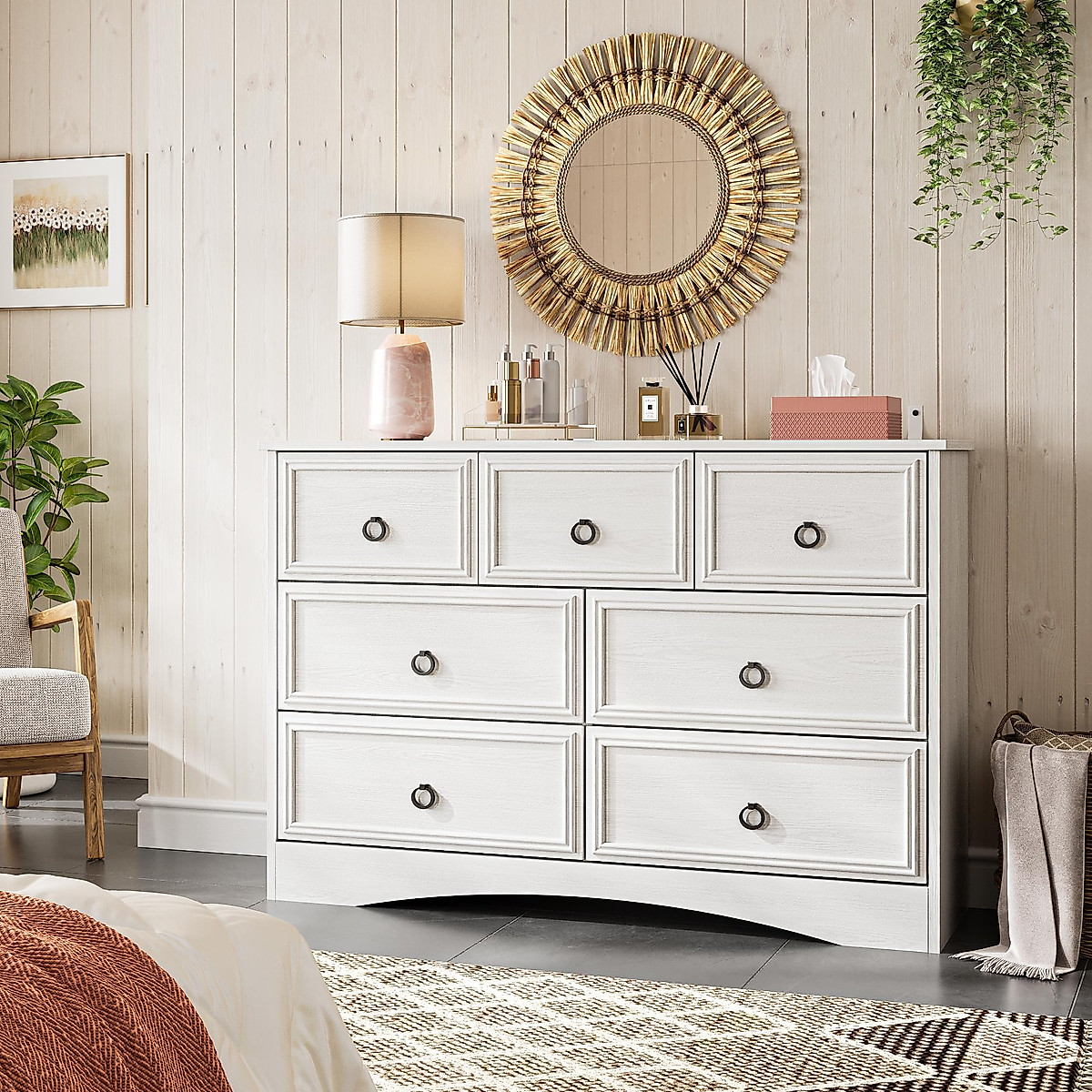 LGHM Modern 7 Drawer Dresser, Dressers for Bedroom, Chest of Drawers Closet Organizers and Storage Clothes - Easy Pulls Handle, Textured Borders Living Room, Hallway, White