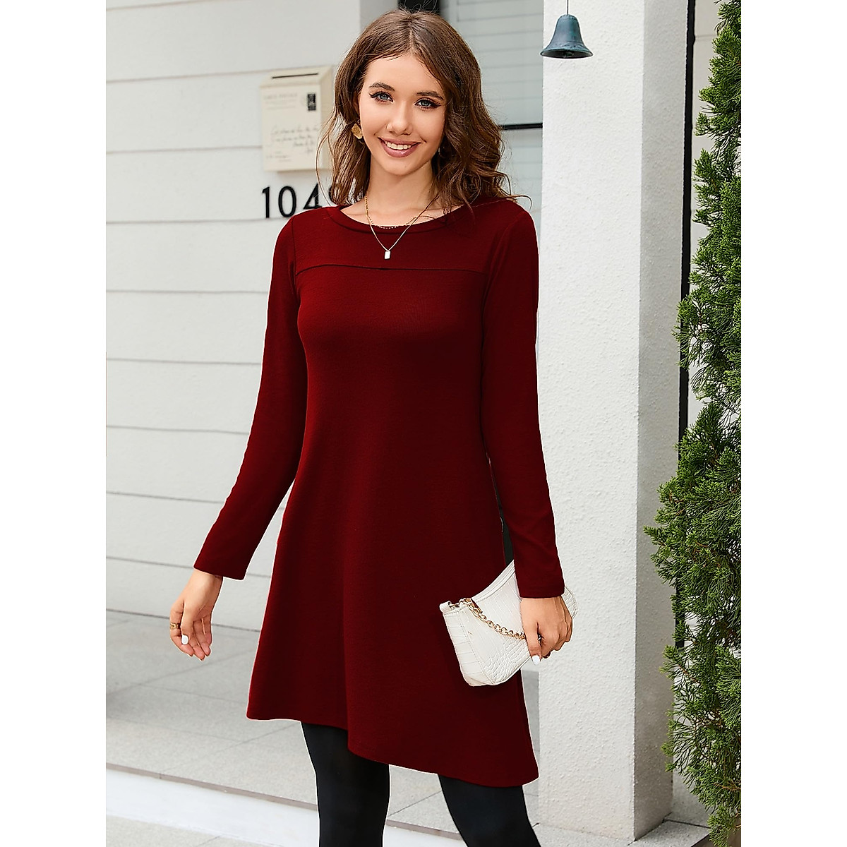KORSIS Dresses for Women Wine Red Small Long Sleeve Round Neck Casual Button Side T Shirts Loose Fitting Sweater Jumper Fall Winter Christmas Tunic Dress