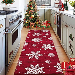 RUGSREAL Christmas Rug Runner Rug 2x6 Washable Rug Non Slip Kitchen Rugs Bedroom Decor Soft Throw Rugs Stain Resistant Carpet for Bedroom Laundry Hallway Runner Snow|Red 2'x6'