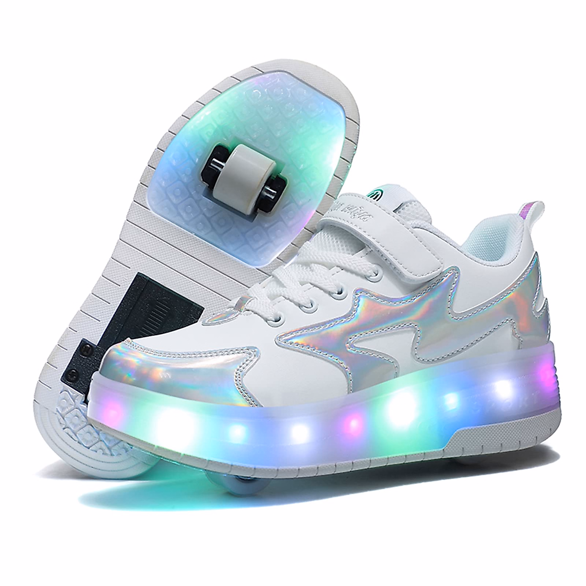 BFOEL Girls Roller Skates Light up Shoes Roller Shoes USB Charge Girls Boys Sneakers with Wheels LED Roller Skates Shoes(5.5 Big Kid White Silver 37)