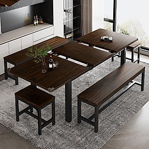 iPormis 5-Piece Dining Table Set for 4-8 People, Extendable Kitchen Table Set with 2 Benches and 2 Square Stools, Mid-Century Dining Room Table with Metal Frame & MDF Board, Saving Space, Espresso