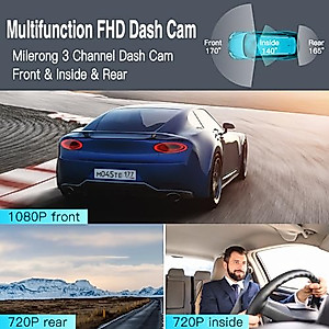 Milerong Dash Cam Front Rear and Inside, FHD 1920P Dash Camera for Cars, Dashcam Three Way Triple Car Camera with IR Night Vision, Rotating Inside Camera, 24H Parking Mode, WDR