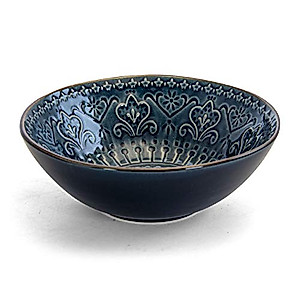 Elama Round Stoneware Embossed Dinnerware Dish Set, 16 Piece, Sea Blue with Brown Trim