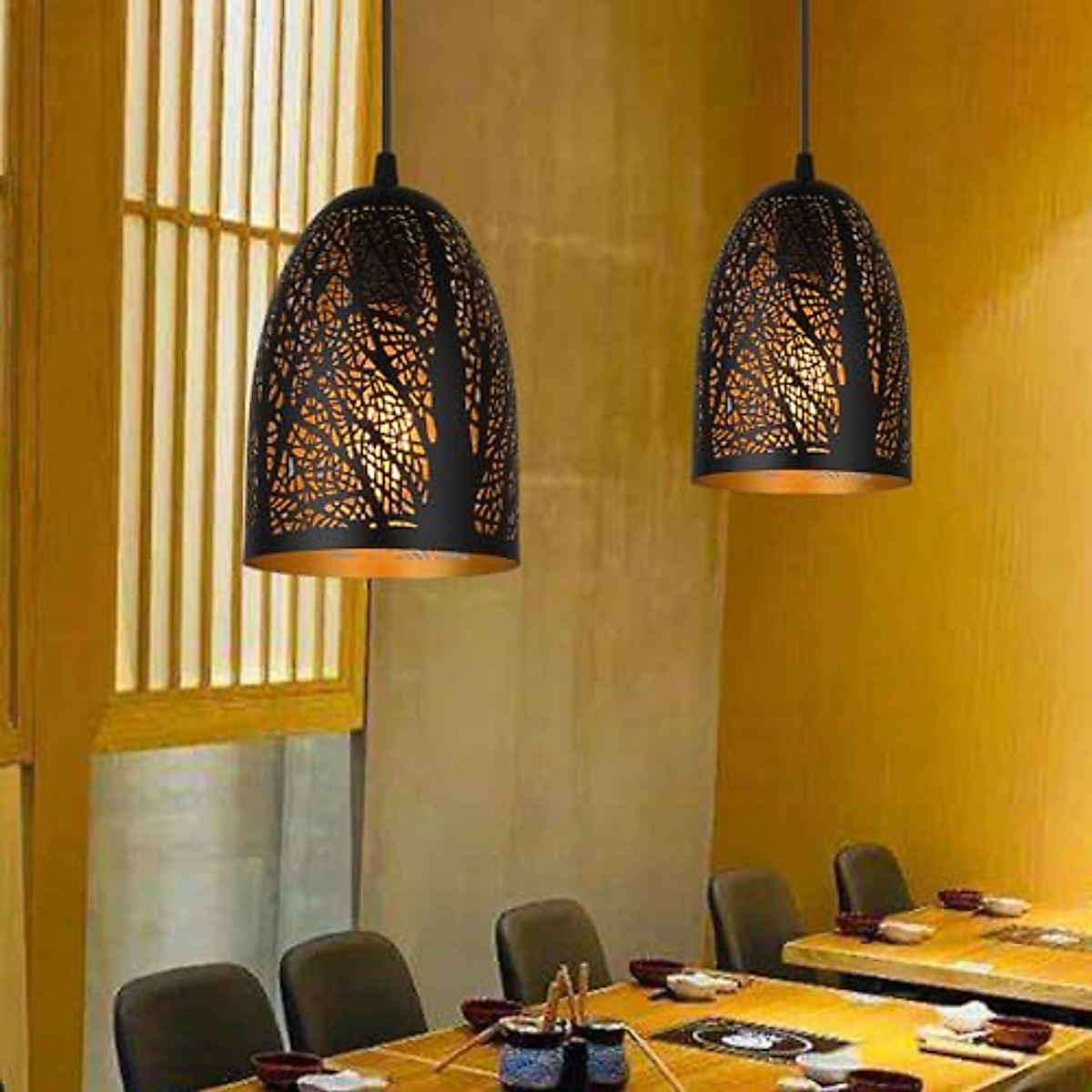 MURUIEN Dimensional Carving Process Pendant Lamp Outer Black and Inner Gold Iron Hollow-Out Chandelier E26/E27 Lamp Holder Pendant Light Fixtures Restaurant Kitchen Hanging Light