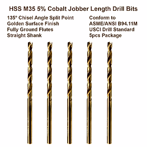 MAXTOOL No.7 5pcs Identical Jobber Length Drills Dia 0.201" HSS M35 Cobalt Twist Drill Bits Wire Gauge Numbered Golden Straight Drills; JBN35G10R07P5