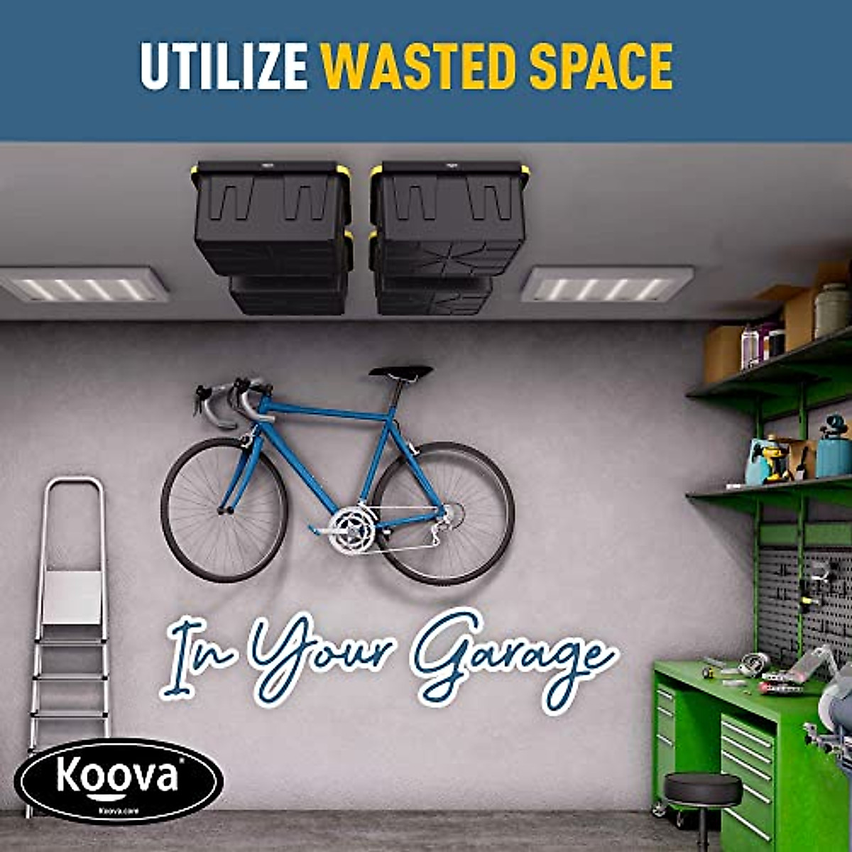 Koova Overhead Bin Rack for Four Bins | Overhead Garage Storage Rack to Mount on Ceiling with Adjustable Width | Supports Most Black and Yellow Storage Bins |4 Sets