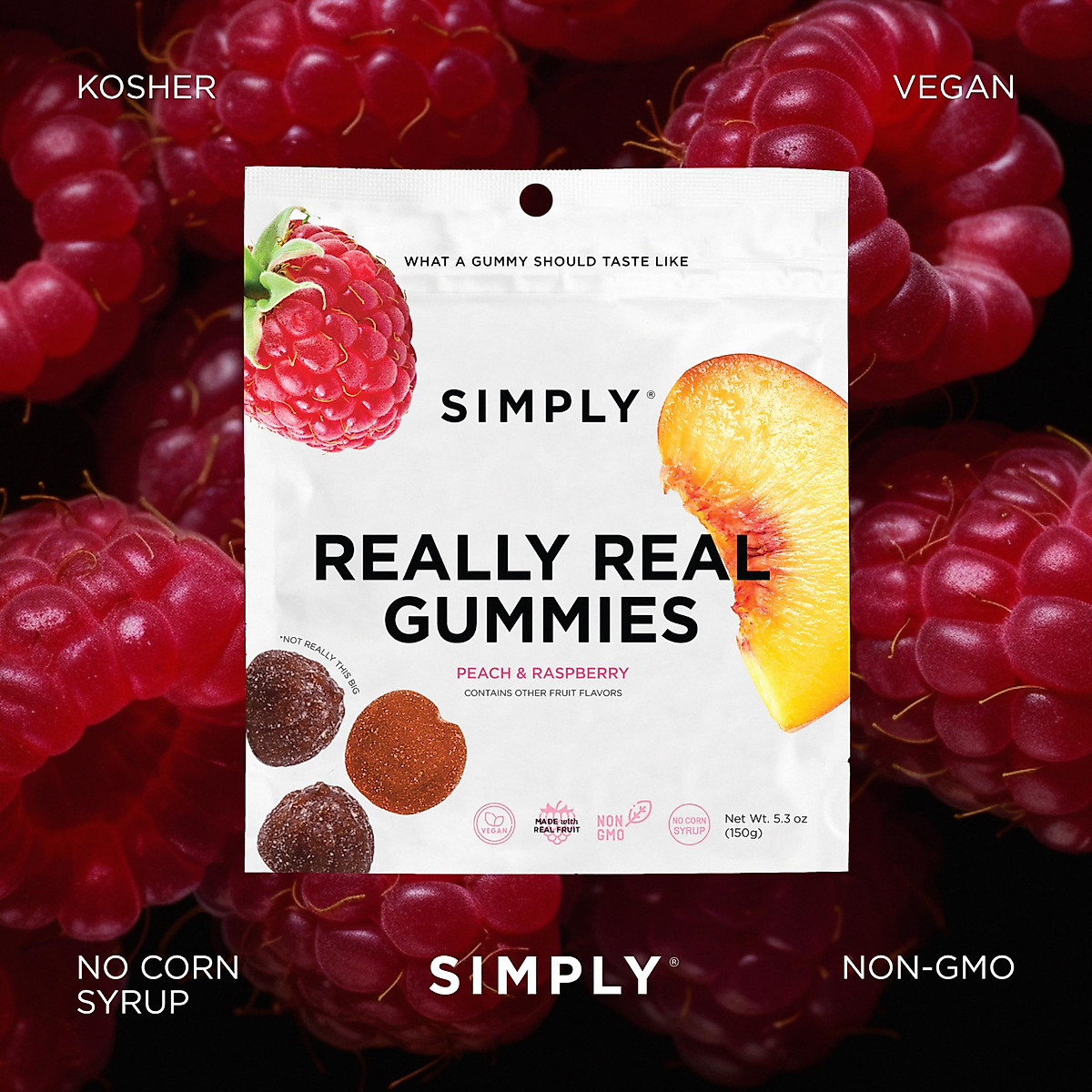 Simply Really Real Gummies | Made with Real Fruit | Peach and Raspberry | 5.3 oz (Pack of 2) | No Cane Sugar + Gluten Free + Kosher