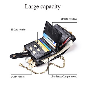 Mens Wallet with Chain PU Faux Leather Bifold Wallet for Men Double Zipper Coin Pocket Purse Double Anti-Theft, Black