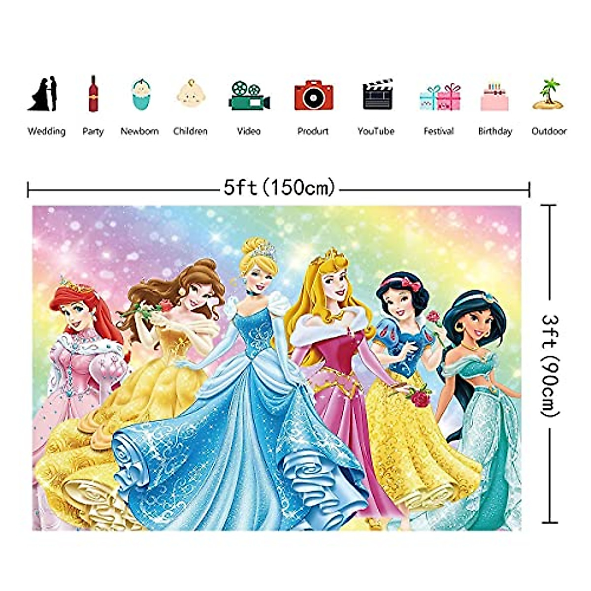 GCH Colorful Princess Backdrop Baby Shower Backdrop Birthday Photography Background Princess Birthday Party Supplies Table Decoration Banner Customized Backdrops (5x3ft)