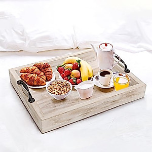 Set of 2 Rustic Farmhouse Wooden Serving Tray with Handles, Nesting White Decorative Trays for Coffee Table Ottoman Kitchen Bed Dining Table Centerpiece Rectangular Tray for Food Fruits Coffee Candles