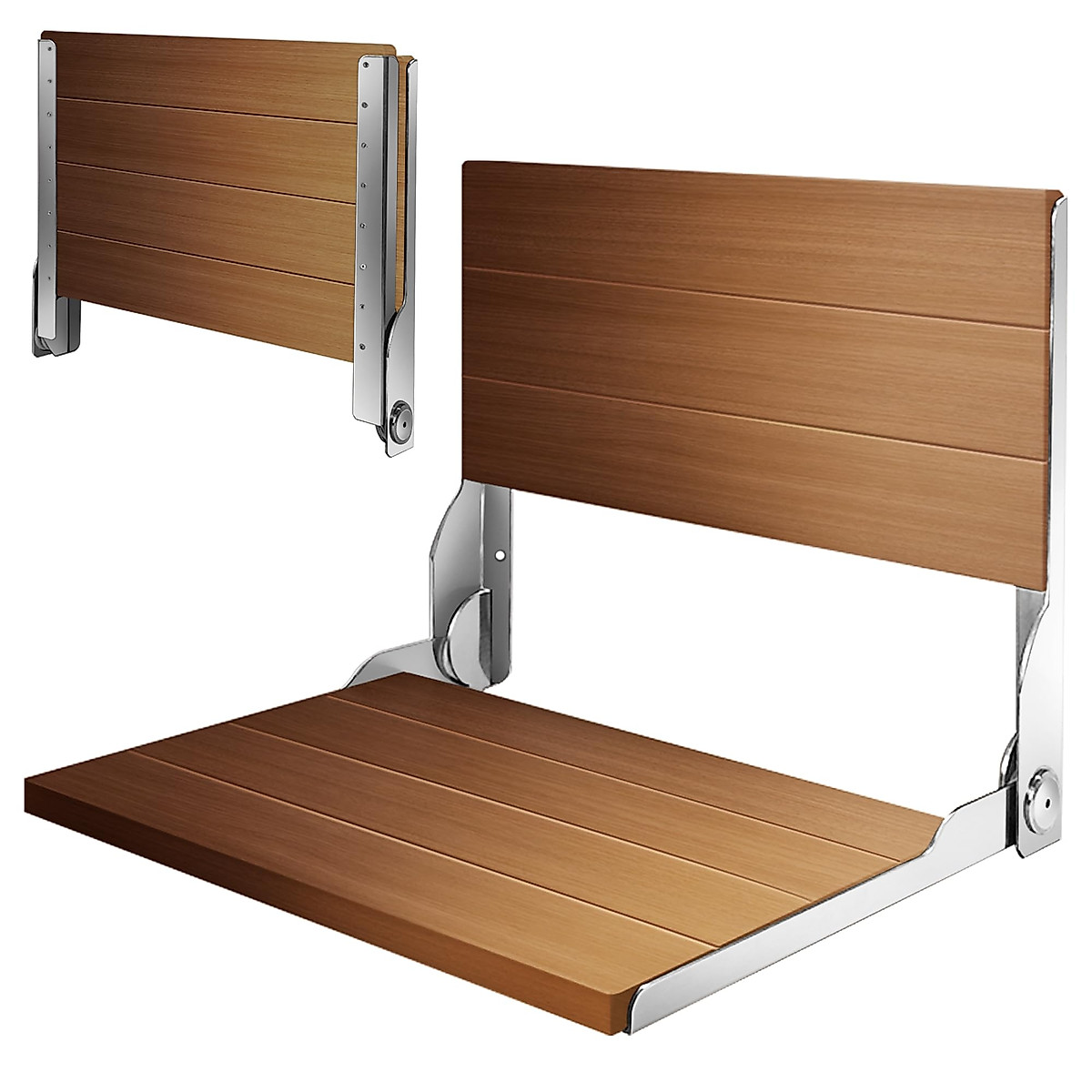 Teak Shower Bench 20'', Folding Shower Chair Wall Mounted, Wood Folding Shower Seat, Teak Shower Bench for Inside Shower, 500 lbs Capacity, Silver