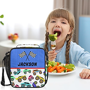 OMFUNS Racing Car Custom Name Reusable Lunch Bag for Kids Boys Teen, Colorful Truck Personalized Insulated Lunch Box Thermal Cooler Customized Lunch Tote Bag for School Picnic