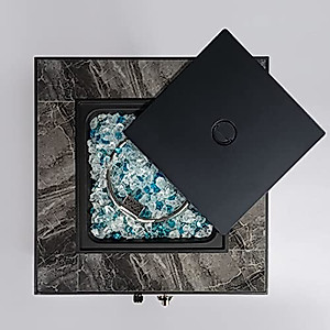 AJ Enjoy 24in Outdoor Propane Gas Fire Pit Table, 40,000 BTU Auto-Ignition Gas Firepit with Glass Wind Guard, Marble Tile Tabletop, Mixed Color Glass Rocks, Brown PE Rattan