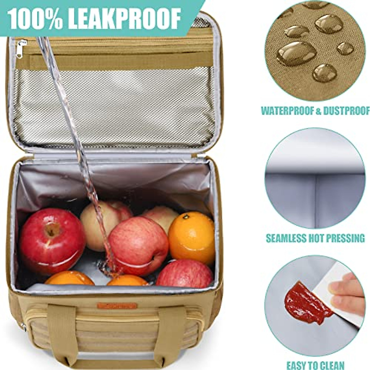 Tiblue Insulated Reusable Lunch Box for Office Work School Picnic Beach, Leakproof Freezable Cooler Bag with Adjustable Shoulder Strap (Large, Tan)