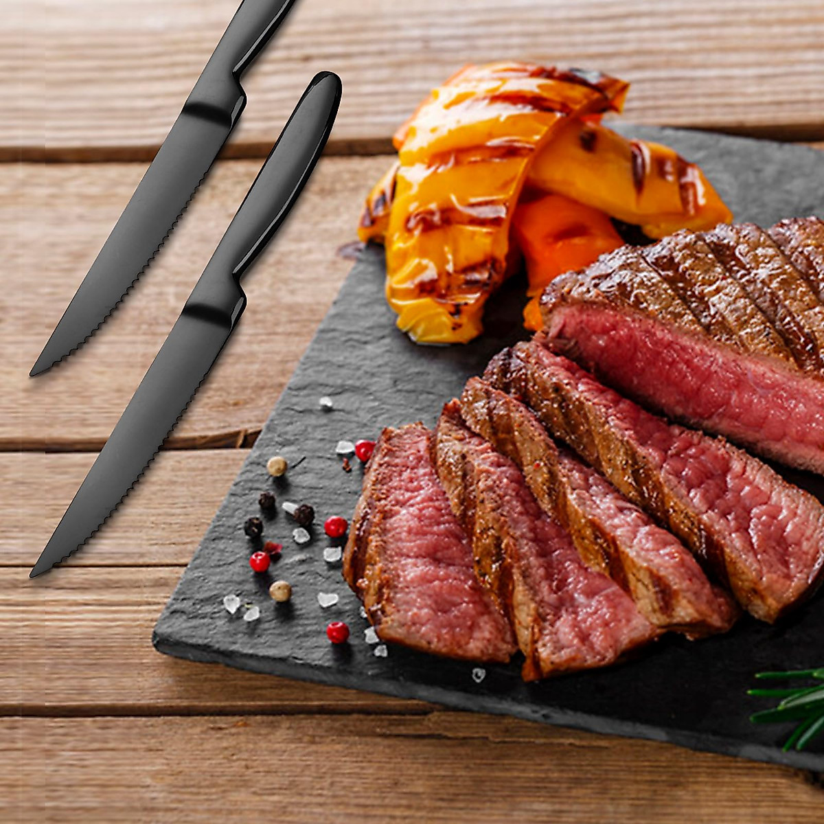 BYEGOU Black Steak Knife Sets, 6-Pieces Stainless Steel Kitchen Steak Knives-Easy to Clean and Non-Stick, 8.6 Inch, Dishwasher Safe