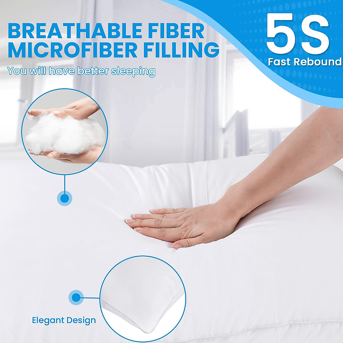 WINGLAM,Bed Pillows for Sleeping, Down Alternative Pillows, White,Microfiber Filled,Queen Pillows Set of 2,20x30 Inches,Super Soft,Hotel Collection,Queen Size Pillow for Back,Stomach or Side Sleepers