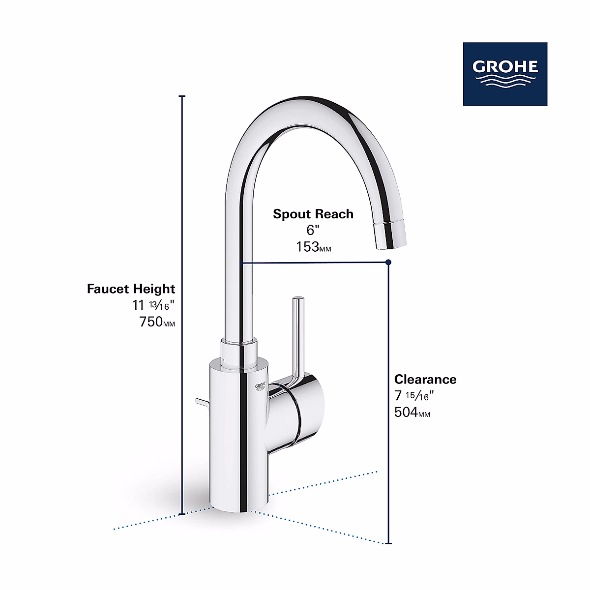 GROHE 32138002 Concetto, Single Hole Single-Handle L-Size Bathroom Faucet 1.2 GPM, Chrome