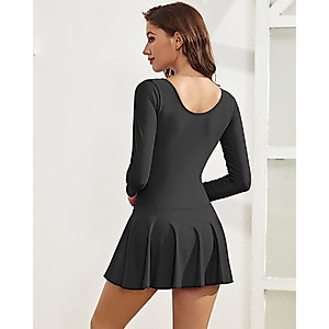 Aoylisey Women's Long Sleeve Leotard Dance Skirted Bodysuits (Black, S)