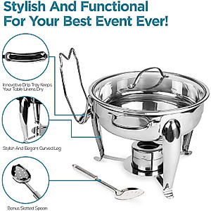 4 Quart Round Stainless Steel Chafing Dish with Bonus Slotted Spoon and Drip Tray for Lid| Keeps linens Dry | for Wedding, Graduation, Events, Parties | Sterno Holder…