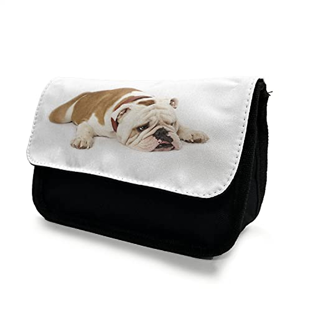 Ambesonne English Bulldog Pencil Case, Sad Animal, Fabric Pen Pencil Bag with Double Zipper, 8.5" x 5.5", Cream Brown
