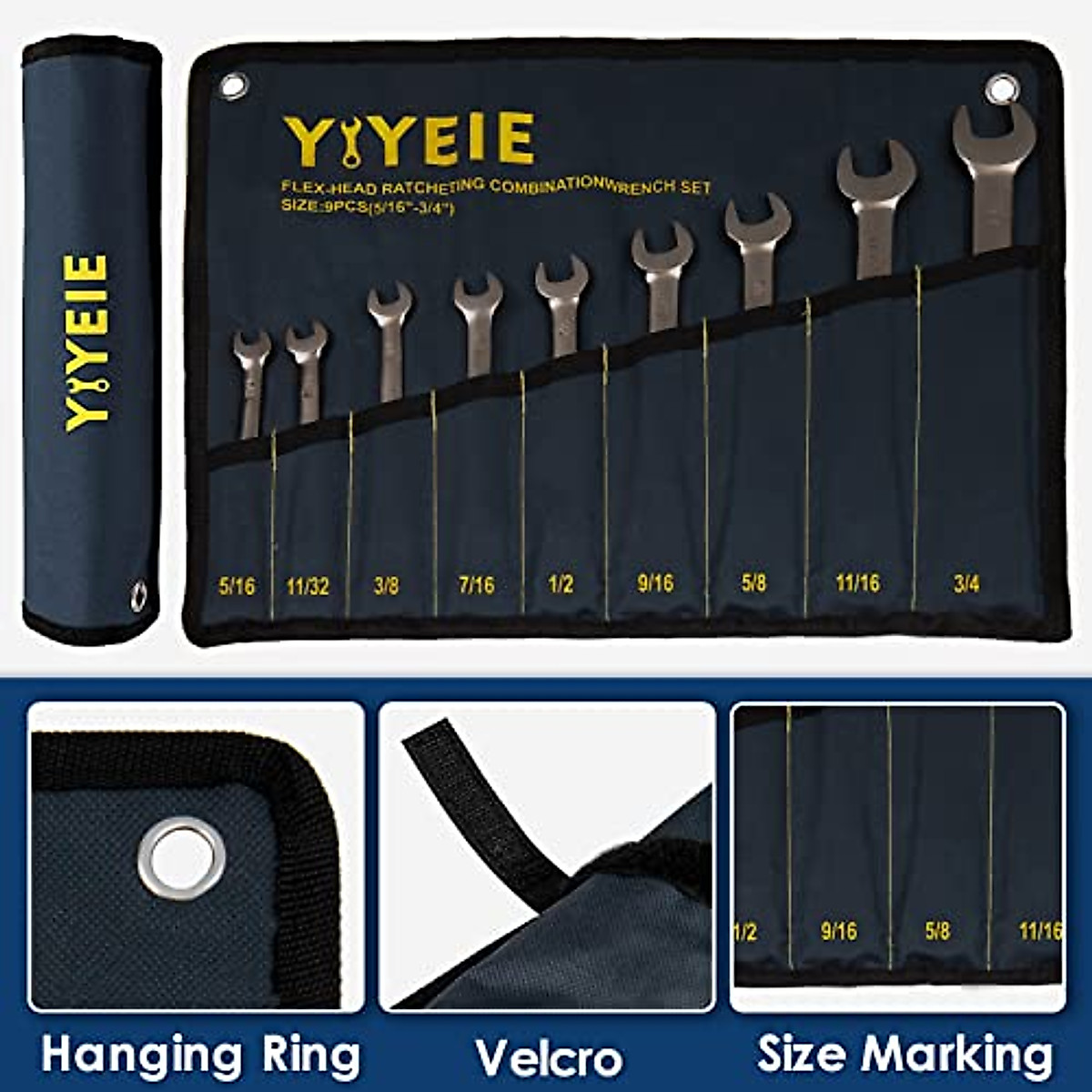 YIYEIE 9 Pc. Flex-Head Ratcheting Wrench Set, SAE 5/16, 11/32, 3/8, 7/16, 1/2, 9/16, 5/8, 11/16, 3/4 Inch, 72 Tooth, Nickel Plating, Cr-V Steel, Flexible Combination Wrench Set with Swivel Ratchet