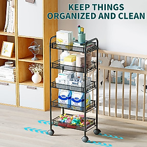 HomeHom Rolling Cart, 5-Tier Metal Rolling Storage Cart, Kitchen Storage Trolley with 2 Brakes, Utility Cart with Handles, Easy Assembly, for Bathroom, Kitchen, Office, Black