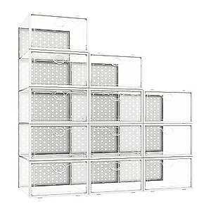 Pinkpum Shoe Storage Boxes, Shoe Organizer for Closet Clear, Shoe Boxes Clear Plastic Stackable, Folable Storage Bins with Lids,12 Pack