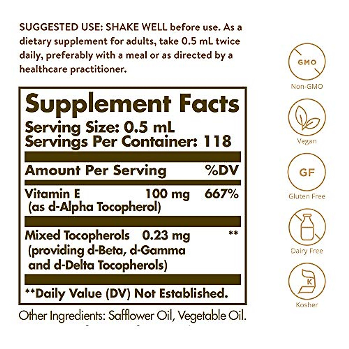 Solgar Liquid Vitamin E (with dropper), 2 fl. oz. - Antioxidant, Skin & Immune Support, Overall Health - Natural, Liquid Vitamin E - Non-GMO, Vegan, Gluten Free, Dairy Free, Kosher - 118 Servings