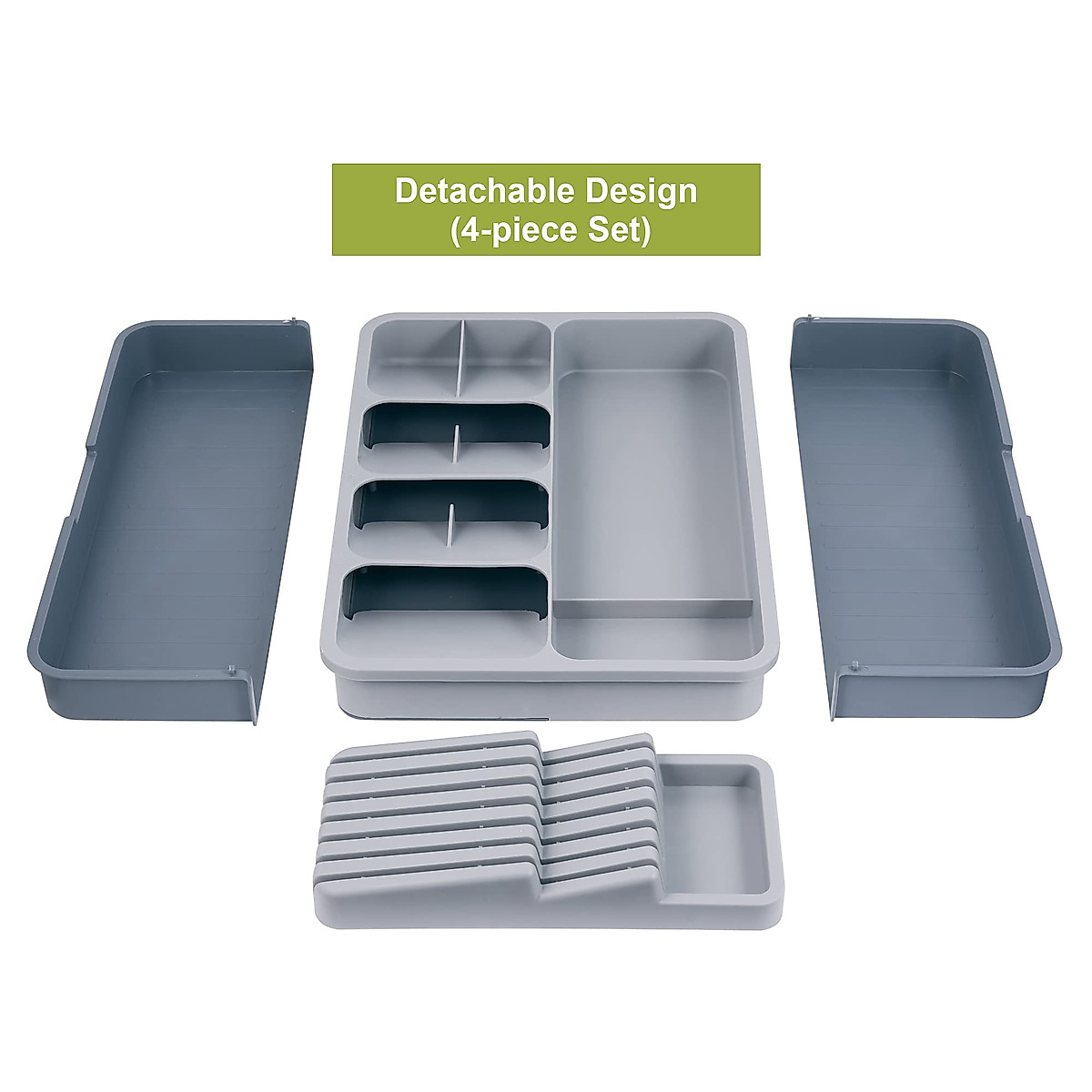 SOMIER Kitchen Utensil Drawer Organizer, Removable 2-Tier Knife Holder, Expandable Cutlery Tray for Silverware, Flatware and Utensils, Large Kitchen Drawer Dividers for Spoons, Forks, Knives, Gray