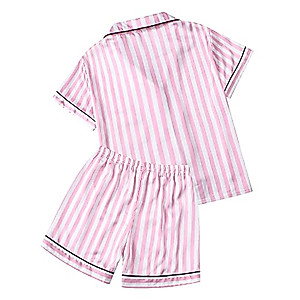 Silk Pjs for Women Set, Cute Silky Matching 2 Pcs Comfy Nightwear Button Down Sexy Soft Satin Summer Pj Short Set, D Pink Stripe, X-Small