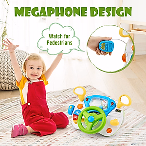 Costzon Steering Wheel Toy, Pretend Play Driving Simulated Toy w/Light and Music, Cyclic Rotary Scene, Siren Sounds, Walkie-Talkie, Stool, Interactive Learning Educational Toy for Toddler Boys Girls