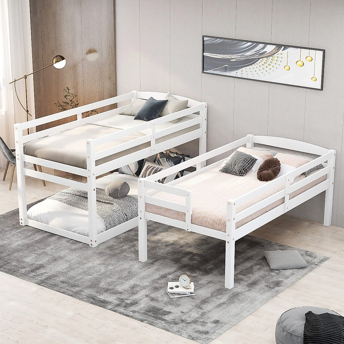 Harper & Bright Designs Wood Triple Bunk Bed with Storage Staircase, Wooden Floor Bunk Beds 3 Beds in 1 for Kids, Detachable Triple Bed Can Convertible into Twin Bunk Beds & Loft Bed, White