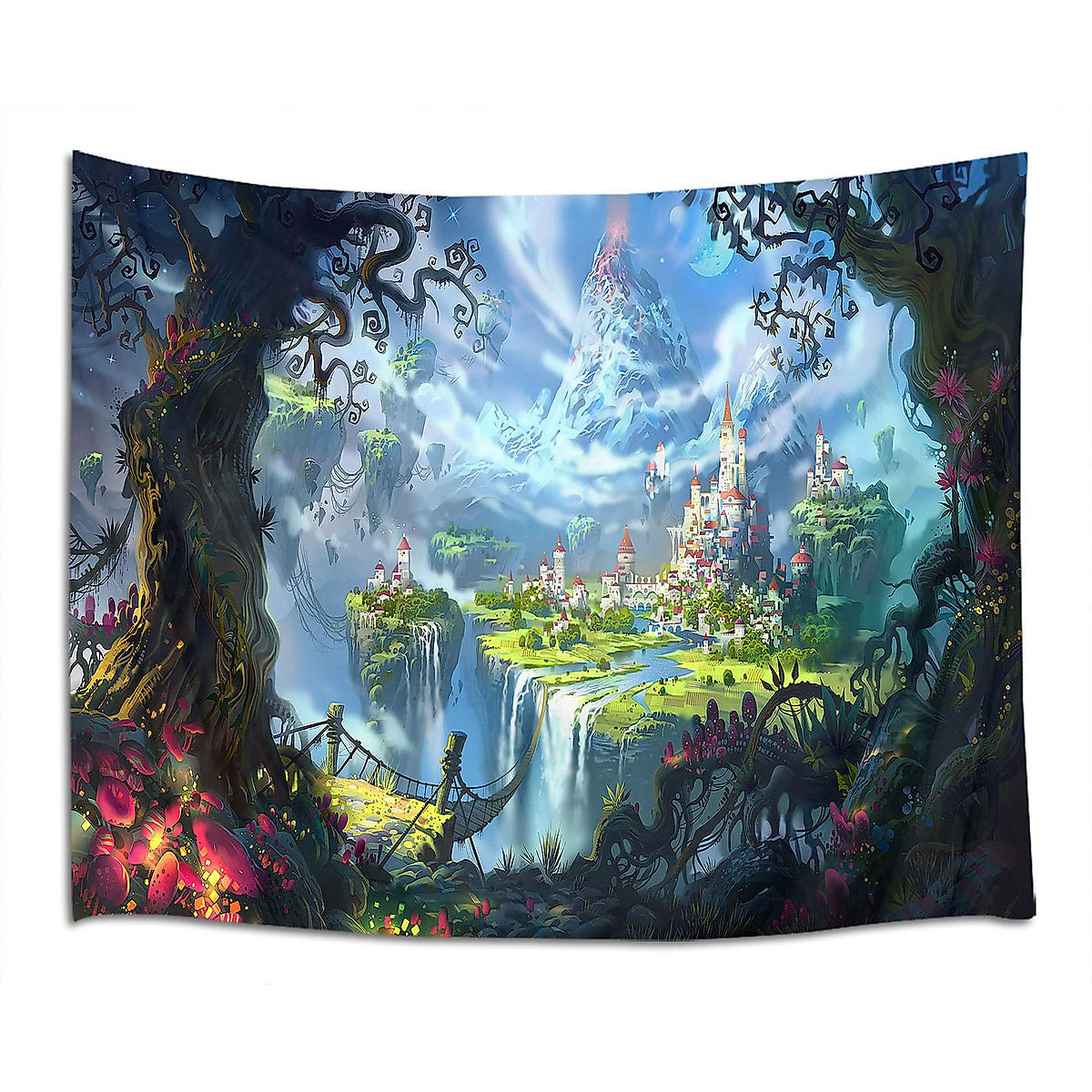 LB Fantasy Forest Castle Tapestry, Large Green Magic Fairy Tale World Tapestry Wall Hanging, Trippy Mountain Tapestry Wall Decor for Bedroom Living Room Dorm Wall Decor, 80 x 60 Inches