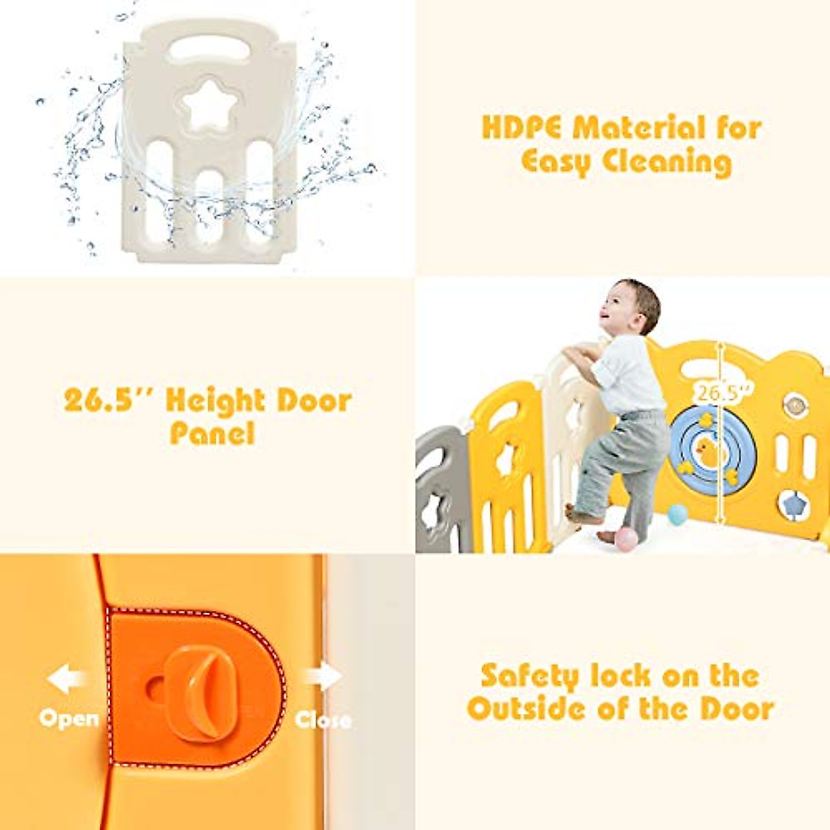 Costzon Baby Playpen, 16-Panel Portable Baby Play Yards with Yellow Duck Pattern, Door with Safety Lock, Indoor Outdoor Foldable Baby Fence with Non-Slip Rubber Bases & Rubber Suction Cups (16 Panel)