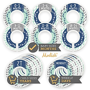 Baby Clothes Closet Organization, Hanging Size Dividers Months & Years, Modish Labels Days of the Week Organizers Daycare & Back to School, Boy Blue Gray Boho Safari Woodland, Useful Baby Shower Gift