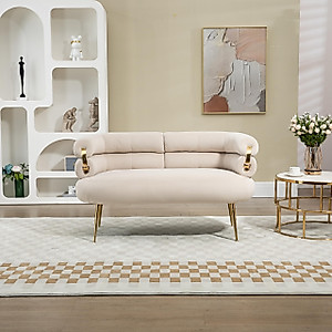 Loveseat Sofa Small Velvet Couch with Gold Metal Feet Modern Mini Settee Loveseat with Curved Back Comfy Accent Upholstered Cloud Sofa for Bedroom Small Spaces, 50'' Beige