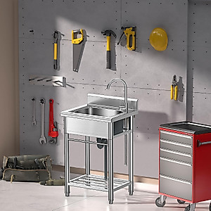Utility Sink, Stainless Steel Sink, Single Bowl Freestanding Sink Kitchen Sinks with Hot & Cold Hoses Outdoor Sink for Laundry Garden Garage Commercial Restaurant
