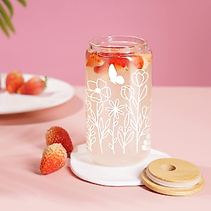 GSPY Floral with Butterfly Iced Coffee Cup, 16oz Iced Coffee Glasses with Lids and Straws - Cute Glass Cups, Aesthetic Cup, Glass Tumbler - Birthday, Mothers Day Gifts for Women, Coffee Lovers