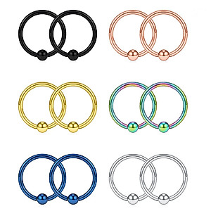 SCERRING 12PCS 18G 8mm Nose Hoop Lip Eyebrow Tongue Helix Tragus Cartilage Septum Piercing Ring - Mix Color