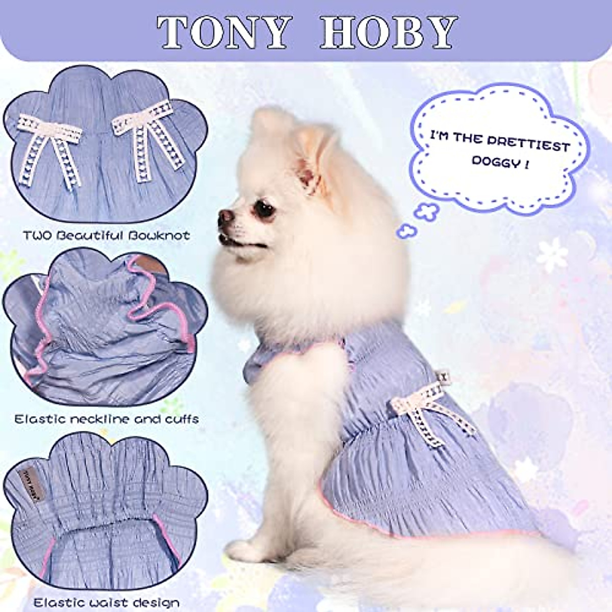 TONY HOBY Dog Dress, Dog Summer Dress, Dog Princess Dress Pleated with Bow-Knot, Soft Dog Tutu Outdoor Dress for Small Medium Dog (Blue, XS)