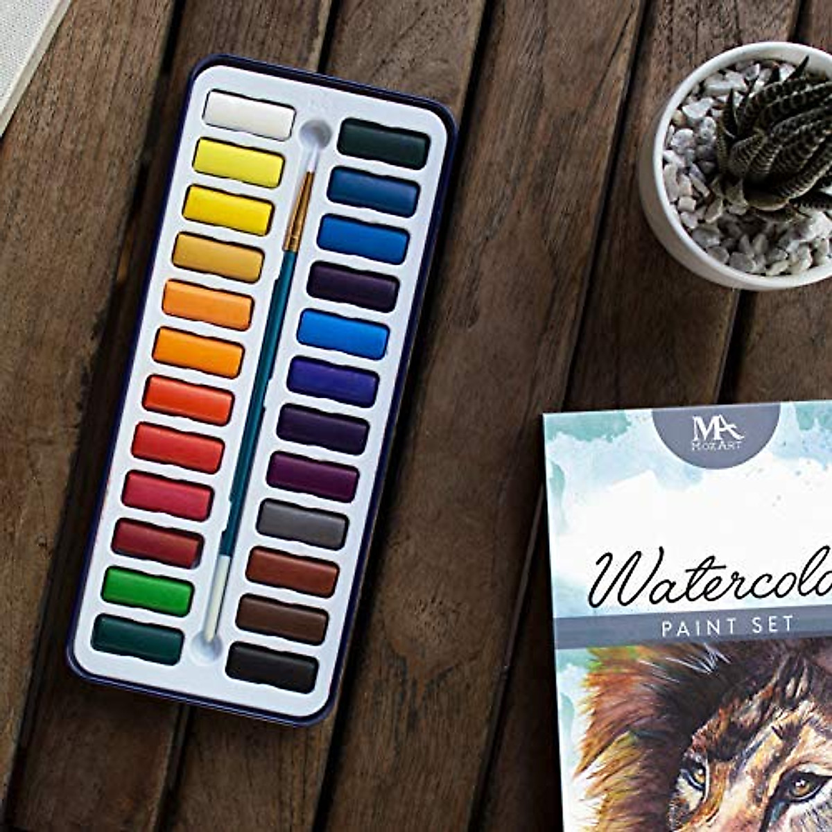 MozArt Supplies Watercolor Paint Essential Set - 24 Vibrant Colors - Lightweight and Portable - Perfect for Budding Hobbyists and Professional Artists - Paintbrush Included